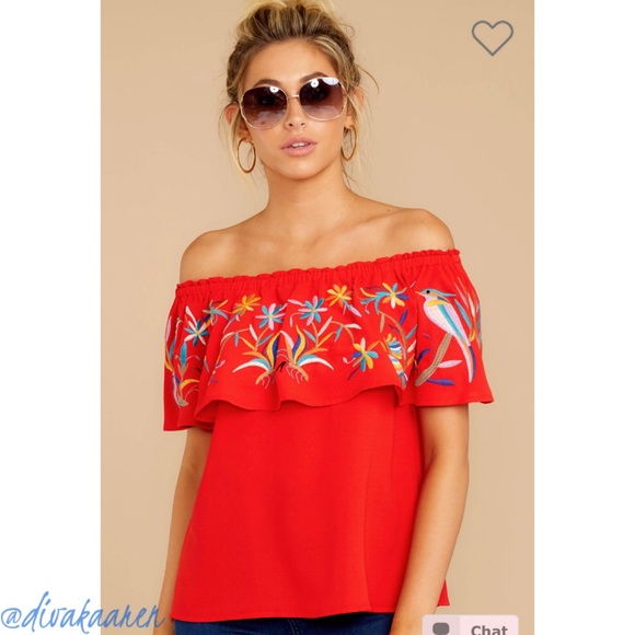 Tops | Embroidered Red Top Sleeveless Off Shoulder | Poshmark